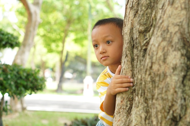 Premium Photo Boy Playing Hide And Seek In The Garden 0087