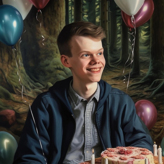 Premium AI Image | a boy smiles next to a birthday cake with balloons ... Premium AI Image | a boy smiles next to a birthday cake with balloons ...