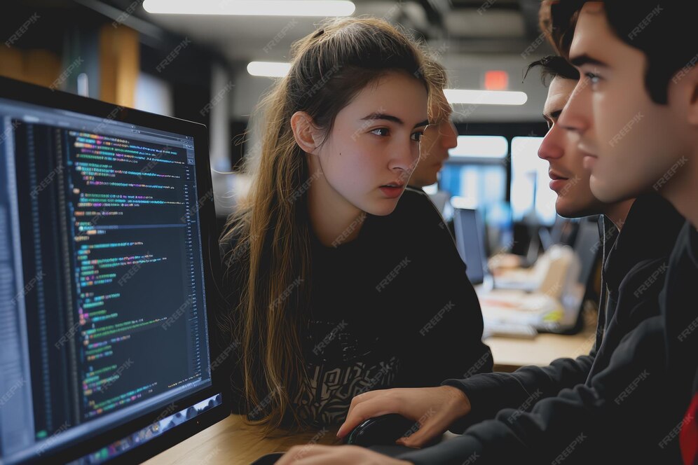 Brainstorming IT Programmers Use Computer Together Software Engineers Develop App Program ...