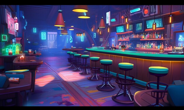 Premium AI Image | brightly lit bar with stools and tables in a ... Premium AI Image | brightly lit bar with stools and tables in a ...