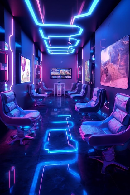 Premium Photo | Brightly lit lounge chairs and a television in a ... Premium Photo | Brightly lit lounge chairs and a television in a ...