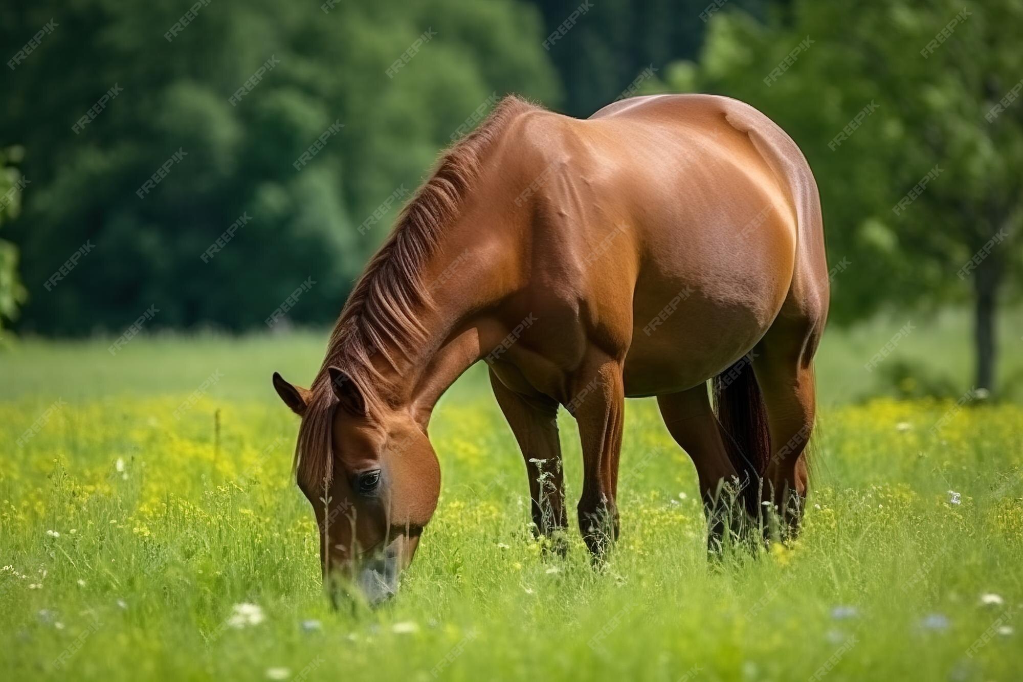 Premium AI Image | A brown horse grazing on a green meadow Premium AI Image | A brown horse grazing on a green meadow