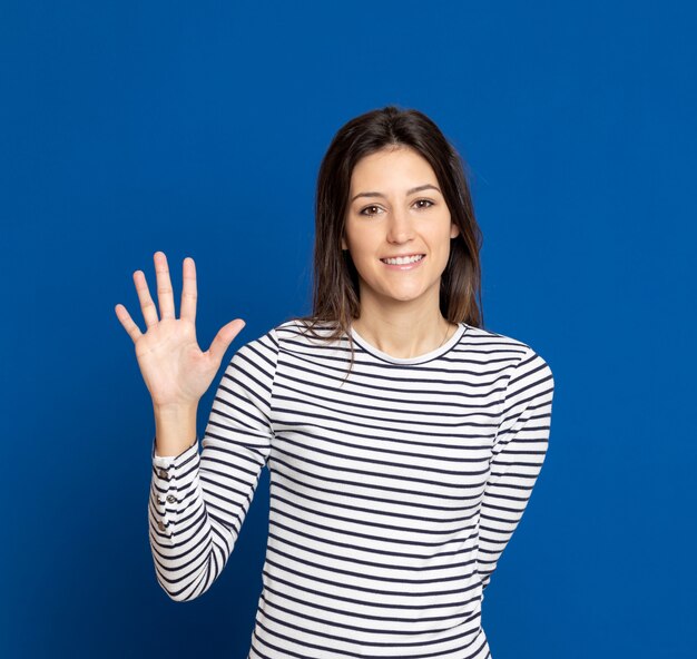 Premium Photo Brunette Young Woman Wearing A Striped T Shirt