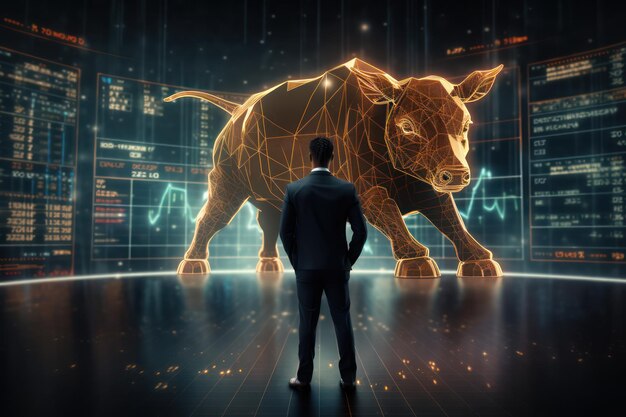 Premium AI Image | Bull wearing suit working with graph on screen Bullish Premium AI Image | Bull wearing suit working with graph on screen Bullish