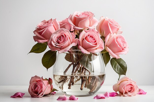Premium Photo A Bunch Of Pink Roses In A Glass Vase On White Background