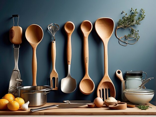 Premium Photo | A bunch of wooden spoons and utensils on a counter Premium Photo | A bunch of wooden spoons and utensils on a counter