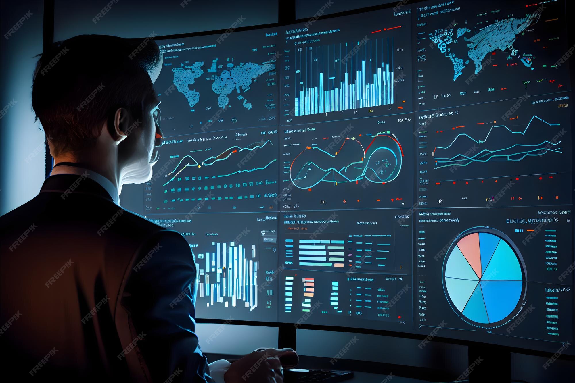 비즈니스 및 기술 성과를 분석하고 운영 관리를 위한 인사이트 보고서를 생성하기 위해 차트 지표 및 Kpi를 사용하여 비즈니스 분석 대시보드에서 작업하는 데이터 분석가 Ai