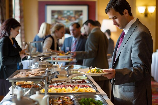 Business colleagues serving themselves at buffet lunch | Premium AI ... Business colleagues serving themselves at buffet lunch | Premium AI ...