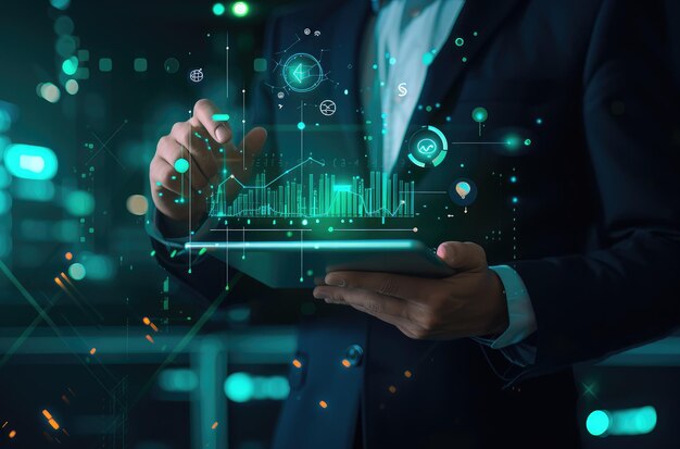 Business Executive Interpreting Futuristic Data Analytics | Premium AI ... Business Executive Interpreting Futuristic Data Analytics | Premium AI ...
