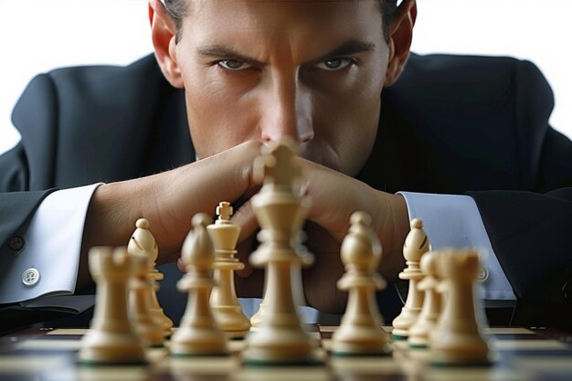 Business leader contemplating strategy close up on chessboard and ... Business leader contemplating strategy close up on chessboard and ...