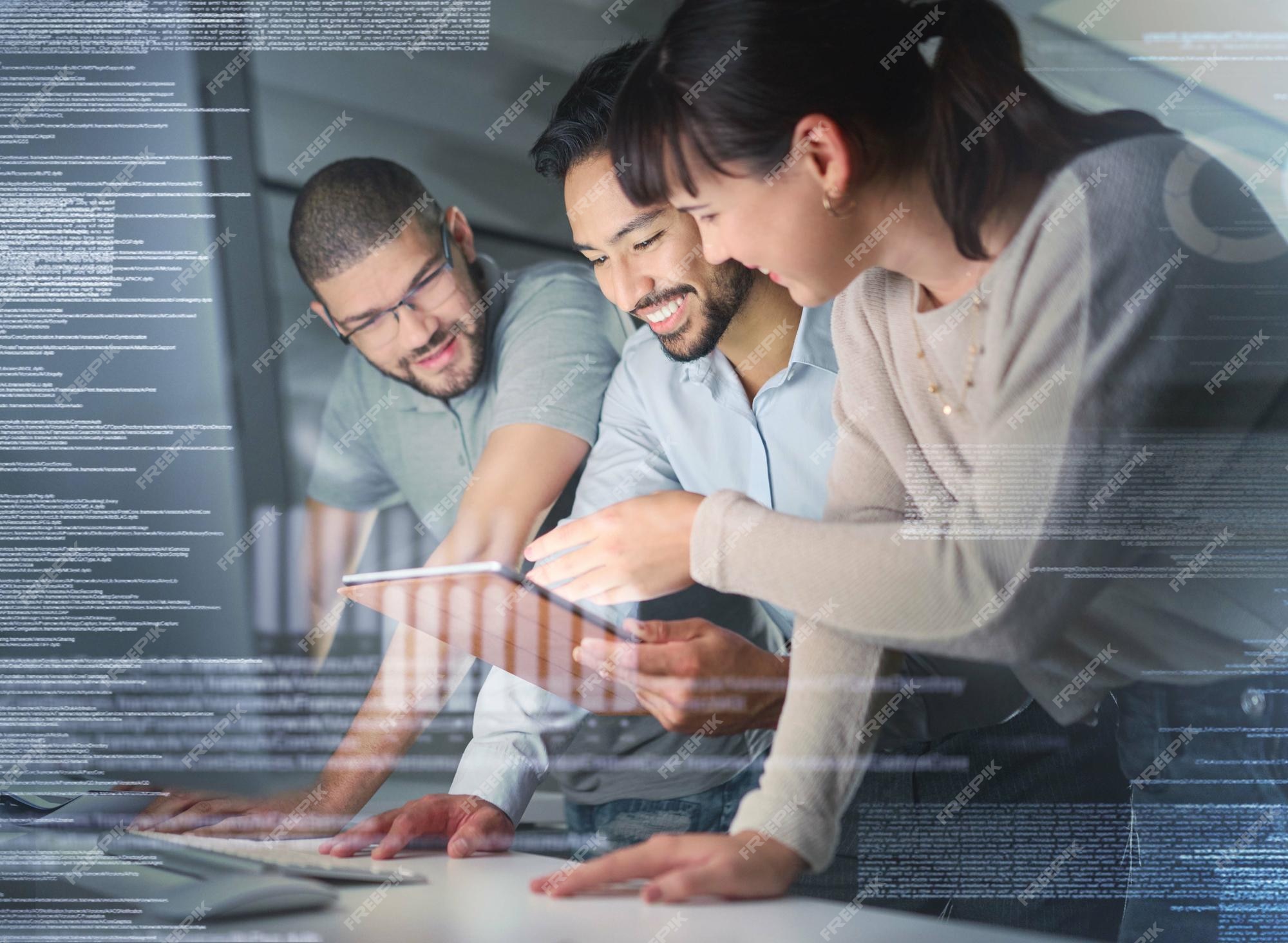 Premium Photo Business People Coding Overlay And Information Technology With Tablet