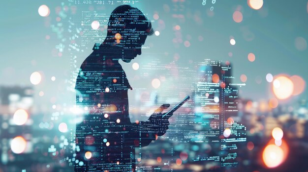 Premium Photo | Business and technology software development IoT concept Double exposure man ...