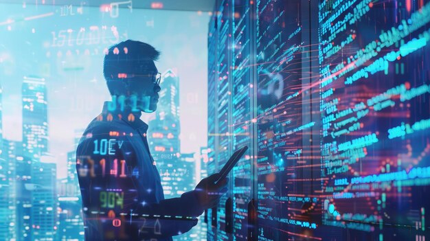 Premium Photo | Business and technology software development IoT concept Double exposure man ...