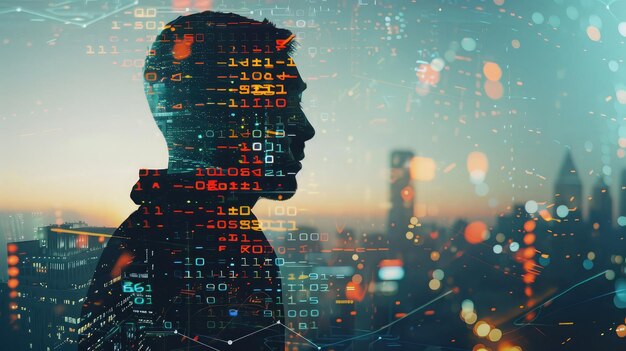 Business and technology software development IoT concept Double exposure man programmer software ...