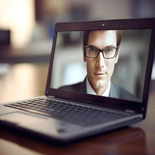 Premium AI Image | Businessman in eyeglasses on the laptop screen Premium AI Image | Businessman in eyeglasses on the laptop screen