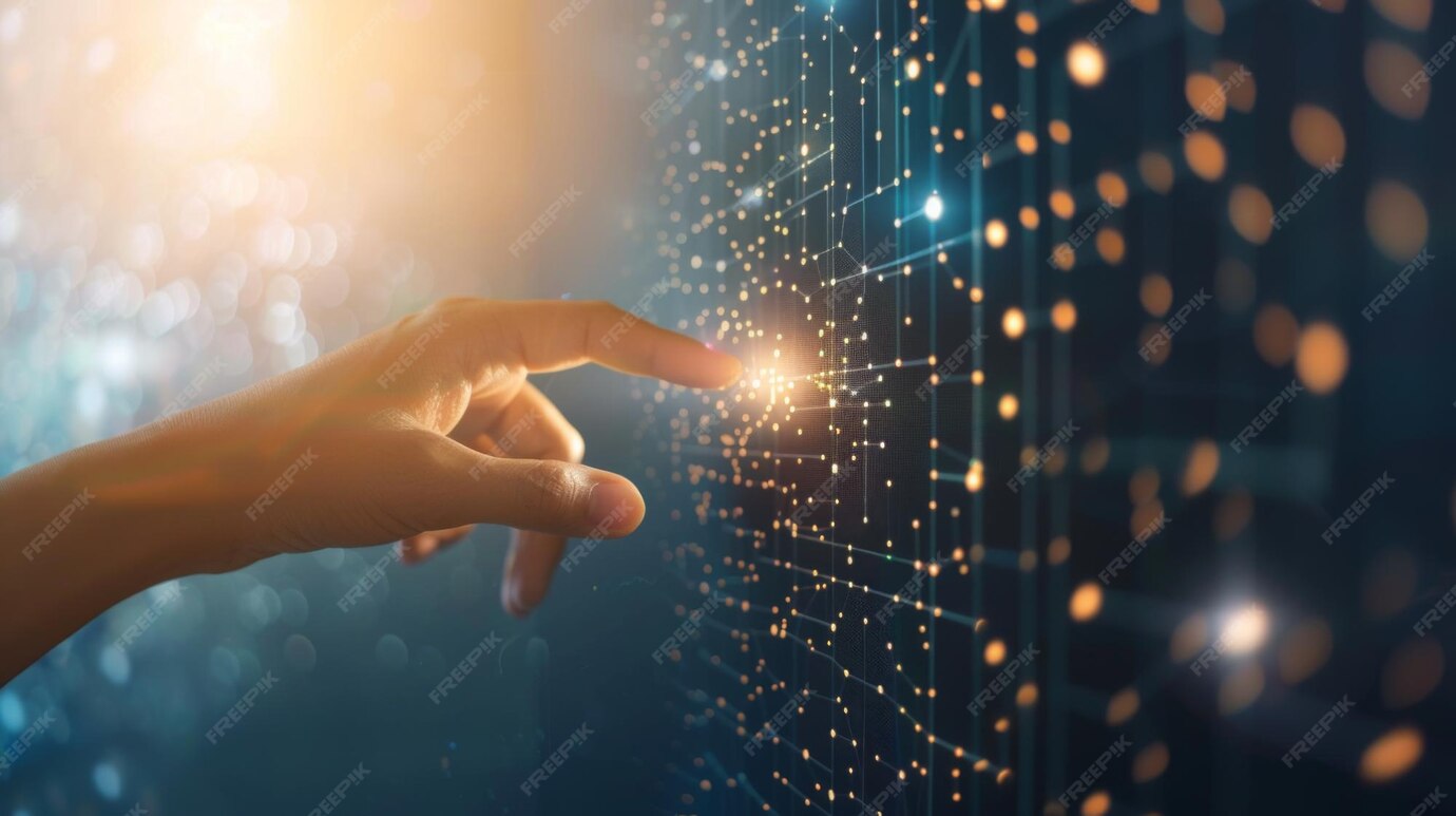 Premium Photo | Businessman hand touching of digital data network transformation for next ...