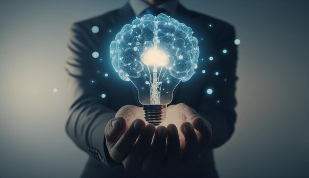 Premium AI Image | Businessman Holding Half of Virtual Lightbulb and Brain Premium AI Image | Businessman Holding Half of Virtual Lightbulb and Brain