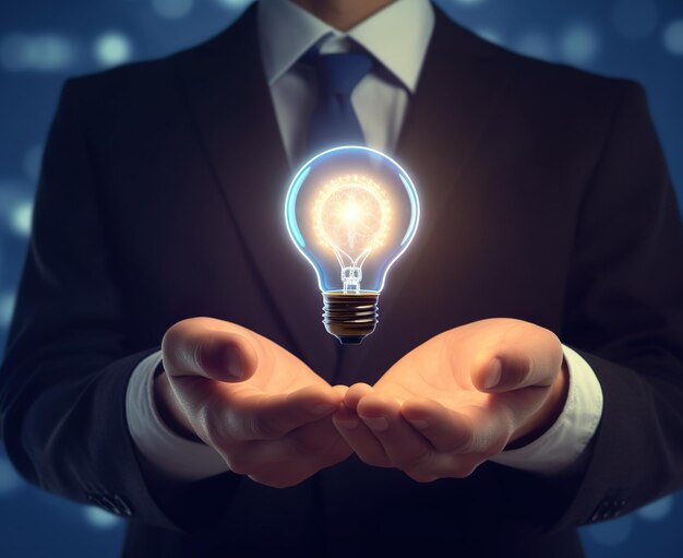 Premium AI Image | Businessman holding half of virtual lightbulb Premium AI Image | Businessman holding half of virtual lightbulb