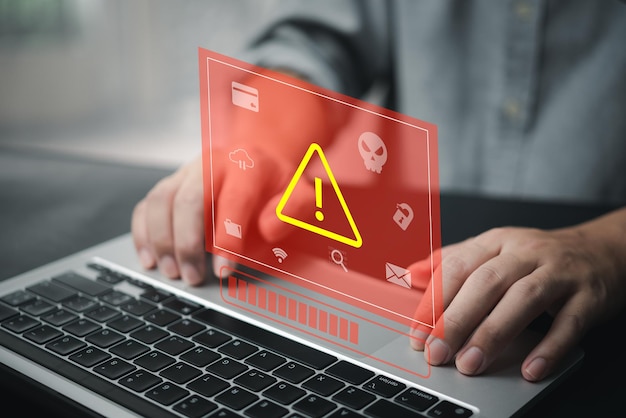 Premium Photo Businessman Programmer Developer Using Laptop Computer With Triangle Caution