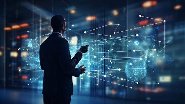 Premium AI Image | Businessman touching structure of business technology Premium AI Image | Businessman touching structure of business technology