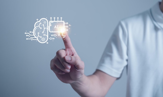 인터페이스에서 미래 비즈니스 코딩 소프트웨어 개발에서 인공 지능 Ai의 두뇌 작업을 만지고 혁신적인 네트워크 연결을 동기화하는