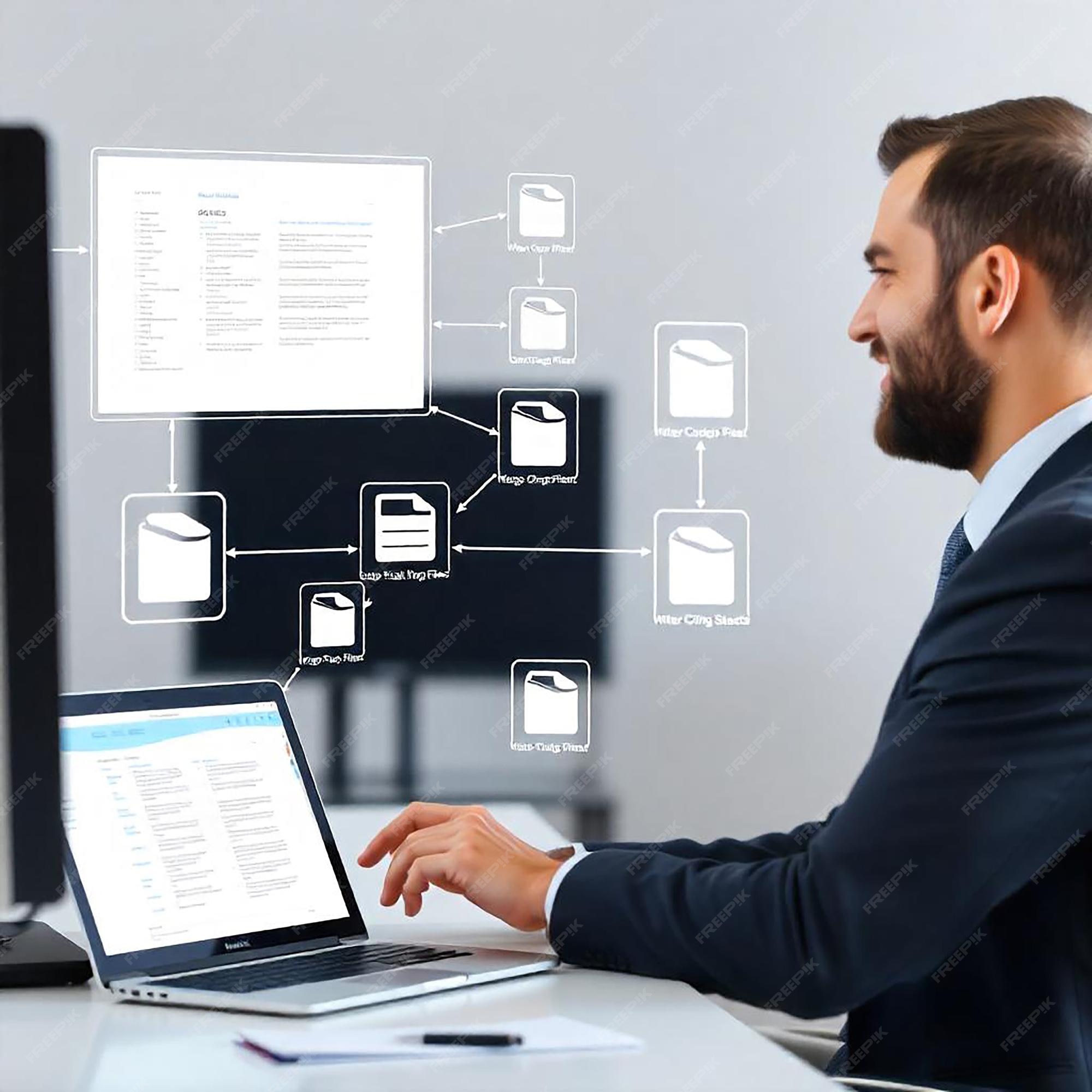 Businessman using a computer to document management concept online documentation database and ...