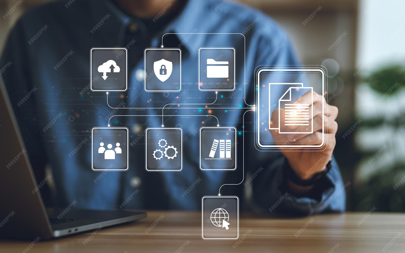 Premium Photo | Businessman using a computer to document management concept online documentation ...