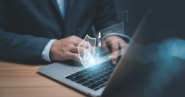 Premium Photo | Businessman using laptop computer with virtual login system screen for identity ...