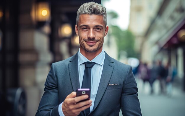 Premium AI Image | Businessman using mobile phone app Premium AI Image | Businessman using mobile phone app