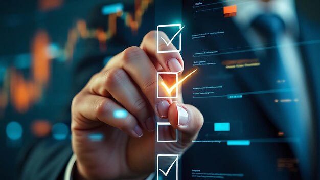 Businessman using pen to tick correct sign mark in checkbox for quality ... Businessman using pen to tick correct sign mark in checkbox for quality ...