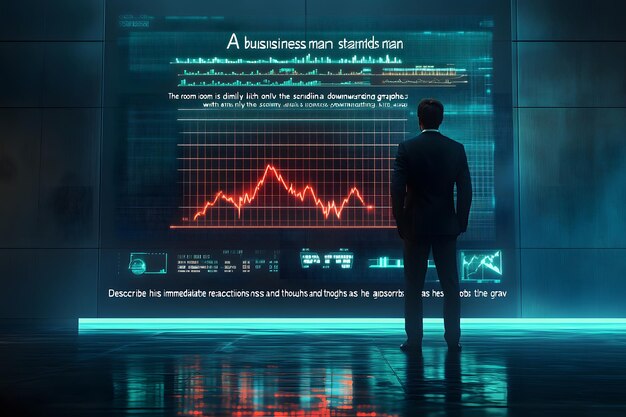 Businessman Viewing a Downward Trending Graph in a Dimly Lit Room ... Businessman Viewing a Downward Trending Graph in a Dimly Lit Room ...