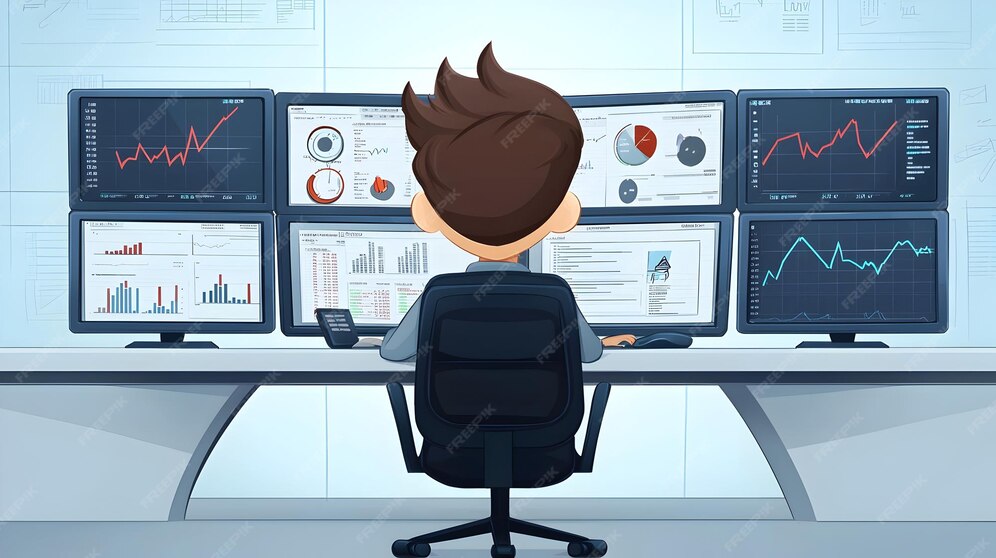 Businessperson Analyzing Market Trends on Multiple Screens with Charts ... Businessperson Analyzing Market Trends on Multiple Screens with Charts ...