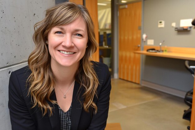 Businesswoman smiling in modern office hallway | Premium AI-generated image Businesswoman smiling in modern office hallway | Premium AI-generated image