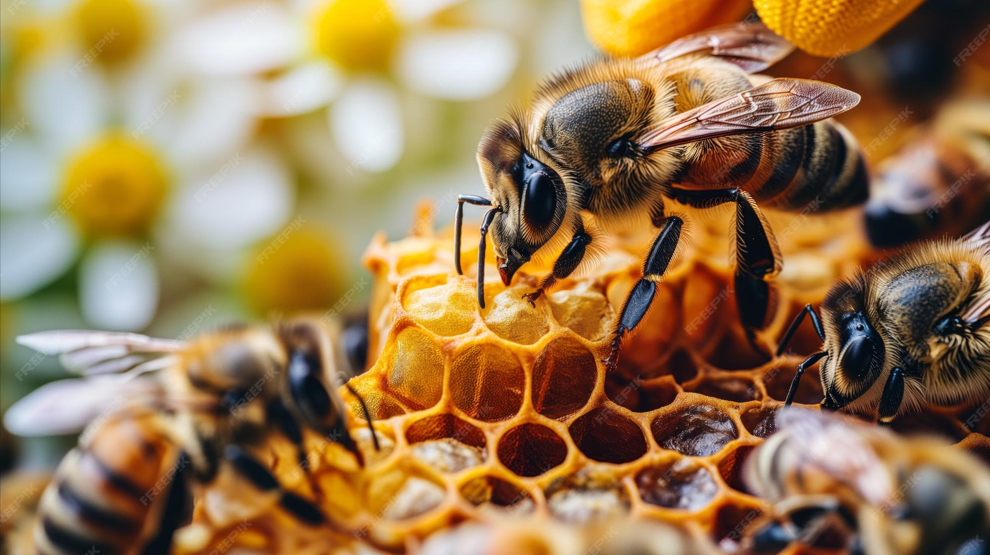 Premium Photo | Busy honeybees working together on a honeycomb in ... Premium Photo | Busy honeybees working together on a honeycomb in ...