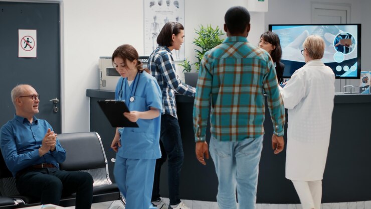 Premium Photo Busy Reception Desk With Many Patients Waiting To Attend Consultation Trying To