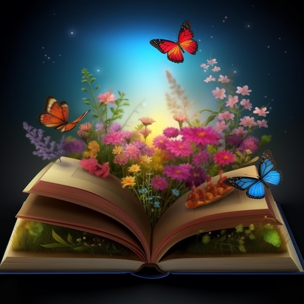 Premium AI Image | Butterflies fly over a book with flowers and ... Premium AI Image | Butterflies fly over a book with flowers and ...