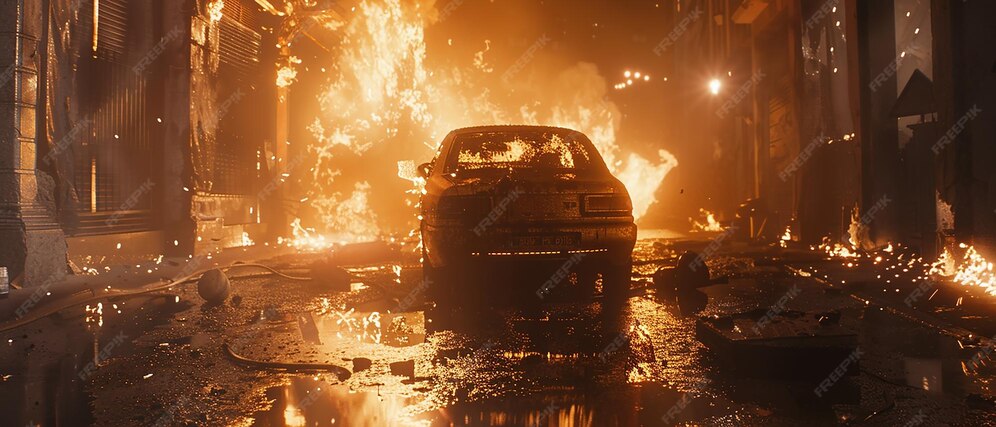 Premium Photo | Car Collides with Pillar Fire Scene Premium Photo | Car Collides with Pillar Fire Scene