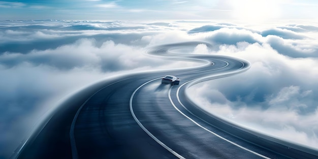 Car navigating twisty road above clouds facing obstacles to reach goal ... Car navigating twisty road above clouds facing obstacles to reach goal ...