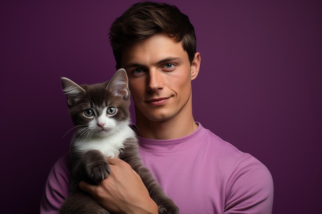 Premium Ai Image Caring Young Man And His Kitten Generative By Ai