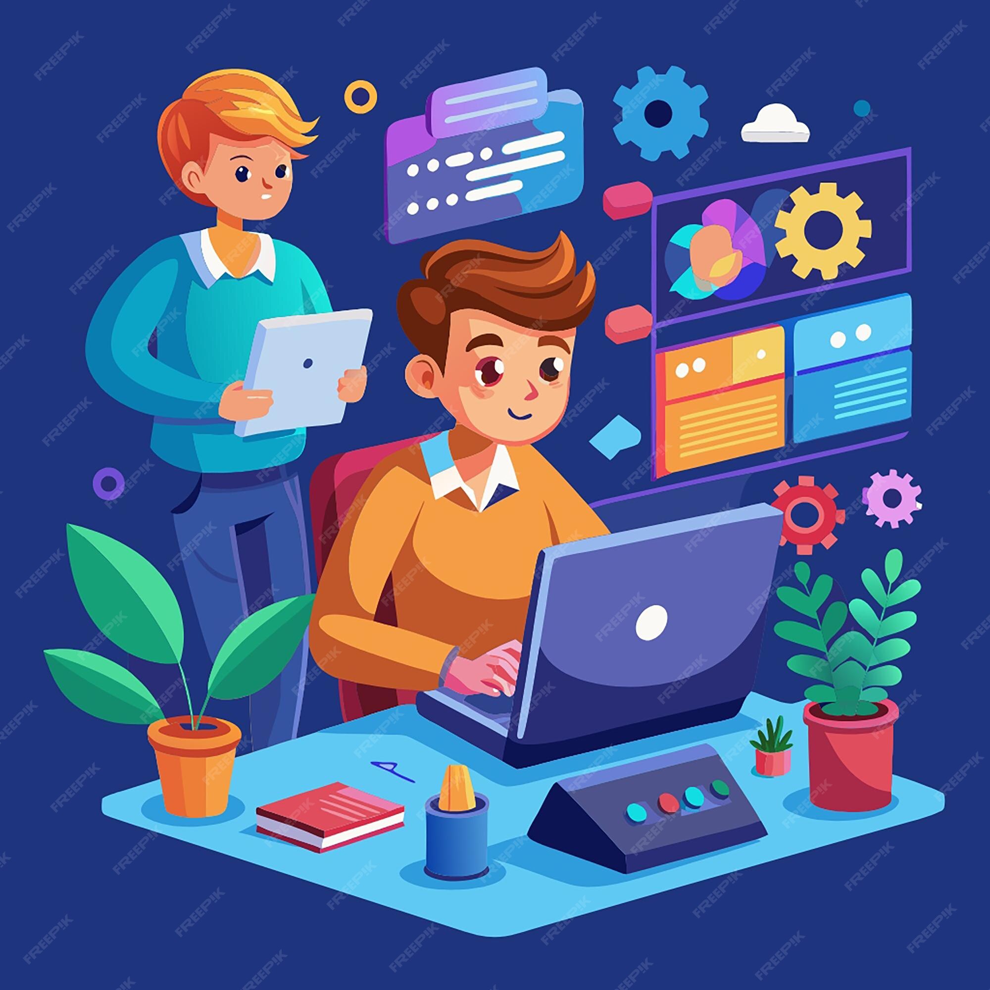 Cartoon 3D character developer designer working on laptop Web app development deploy frontend ...