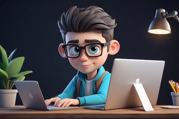 Cartoon 3d character developer designer working on laptop web app ... Cartoon 3d character developer designer working on laptop web app ...