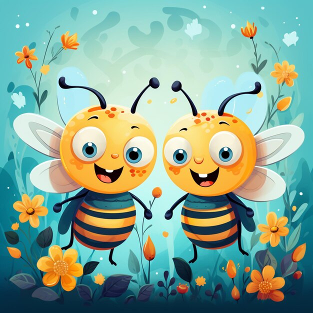 Premium Photo Cartoon Bees With Flowers And Butterflies In The Background Generative Ai