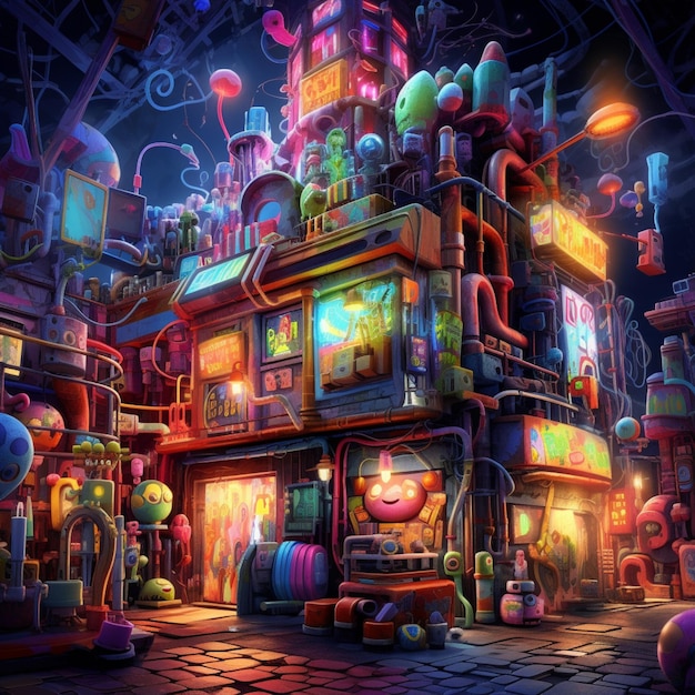 Premium AI Image | Cartoon City at night vivid color digital art Premium AI Image | Cartoon City at night vivid color digital art