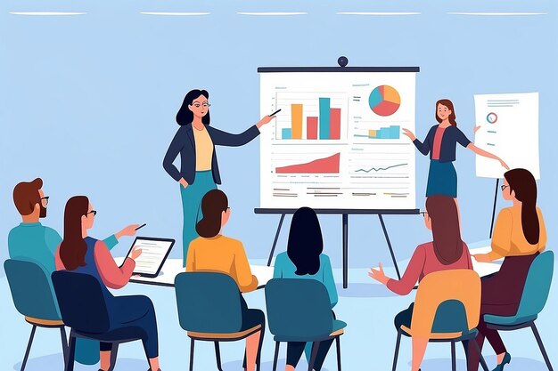 Premium Photo | Cartoon flat women with pointer trains participants of ... Premium Photo | Cartoon flat women with pointer trains participants of ...