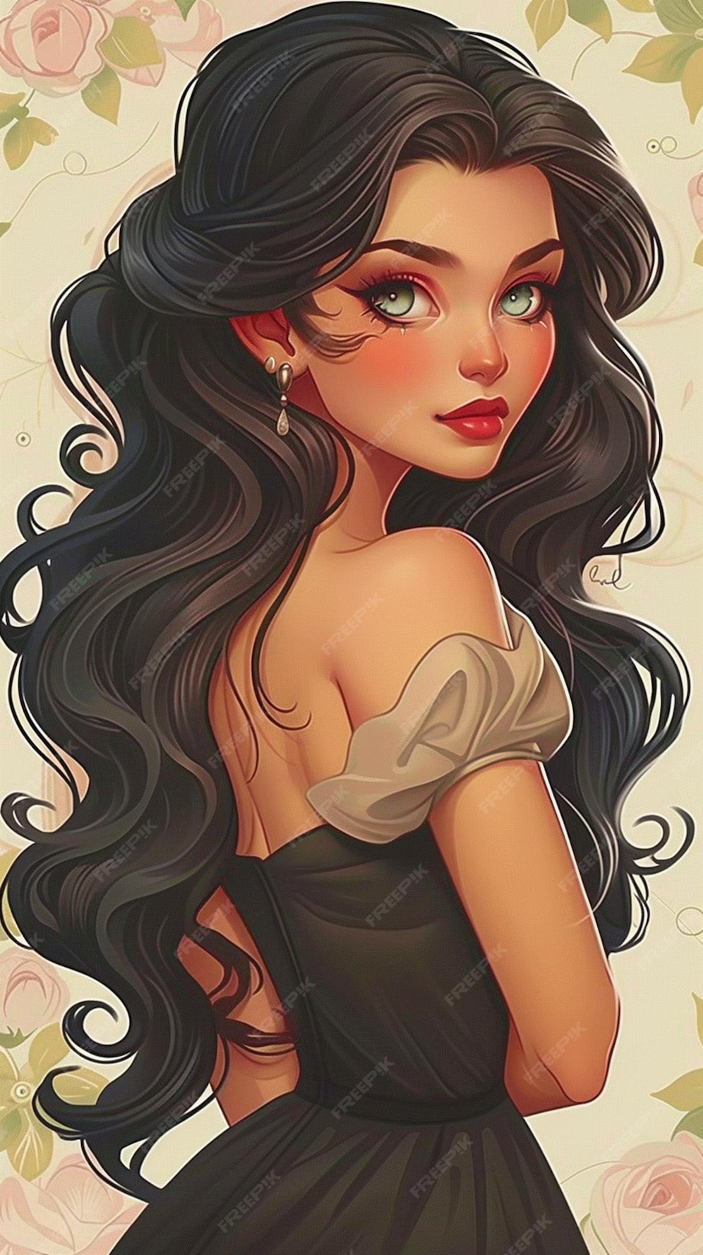Premium Photo A Cartoon Girl With Long Black Hair And A Dress Generative Ai