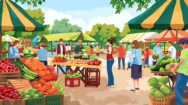 A cartoon illustration of a farmers market with people shopping and ... A cartoon illustration of a farmers market with people shopping and ...
