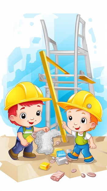 Premium Photo | Cartoon illustration Kids build construction on white ... Premium Photo | Cartoon illustration Kids build construction on white ...