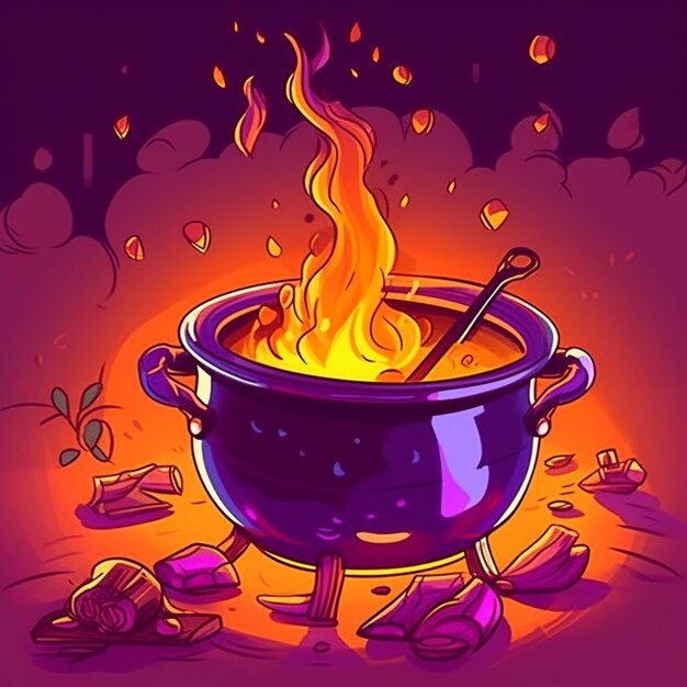 Premium Photo A Cartoon Illustration Of A Pot Of Food With Flames Generative Ai