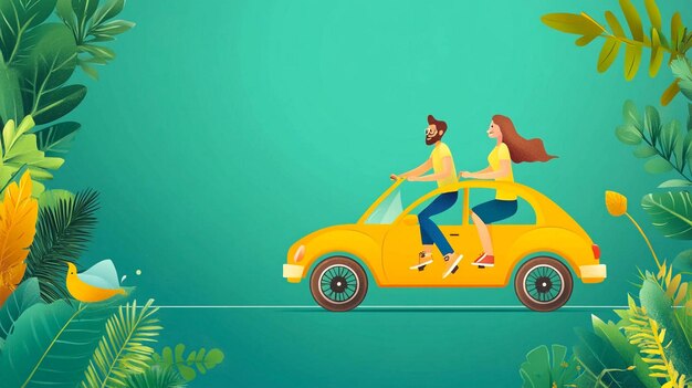 A Cartoon Image Of A Couple Riding A Car With A Man And Woman Riding On