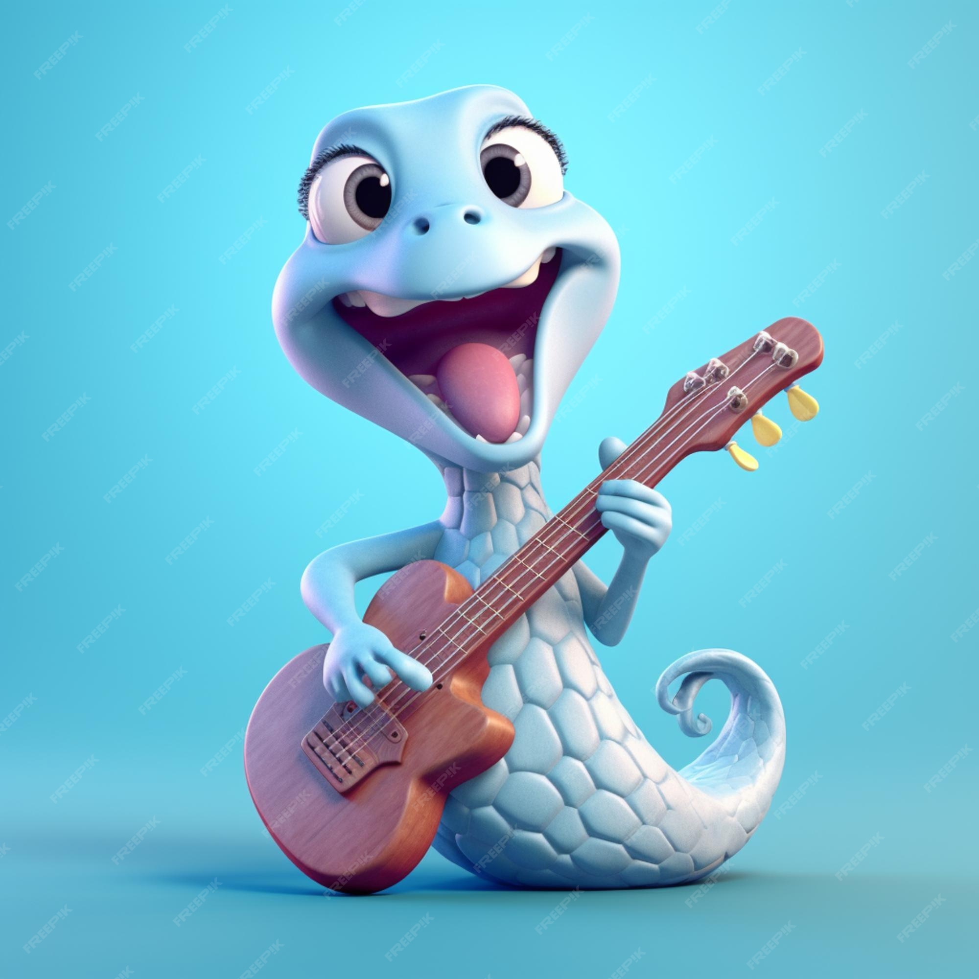 Premium Photo Cartoon Lizard Playing A Guitar And Singing With A Blue Background Generative Ai